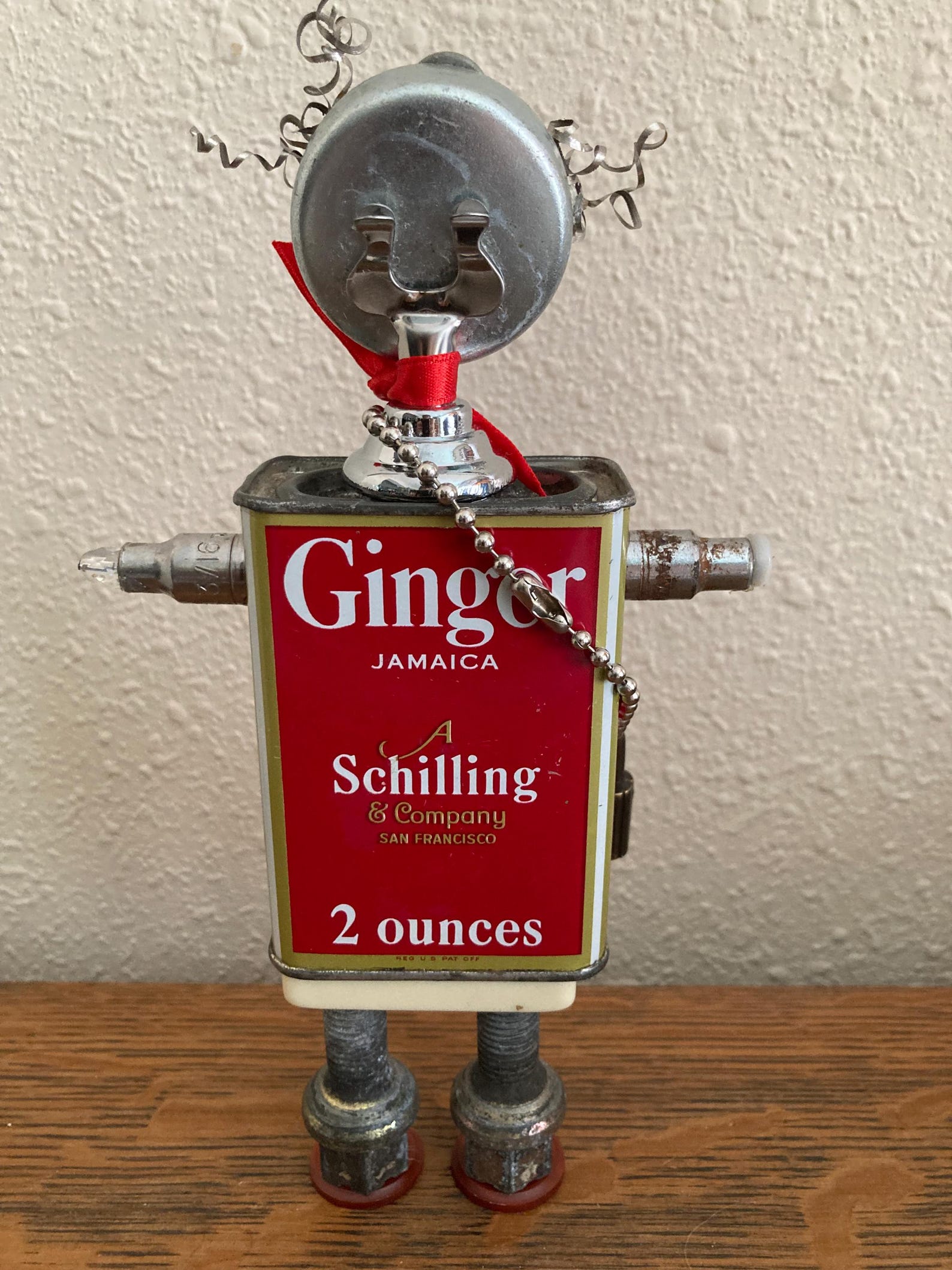 Shebot, Made From Vintage Spice Tin, Clay Face, Nuts and Bolts, Hardware, Jewels and Doo Dads ...