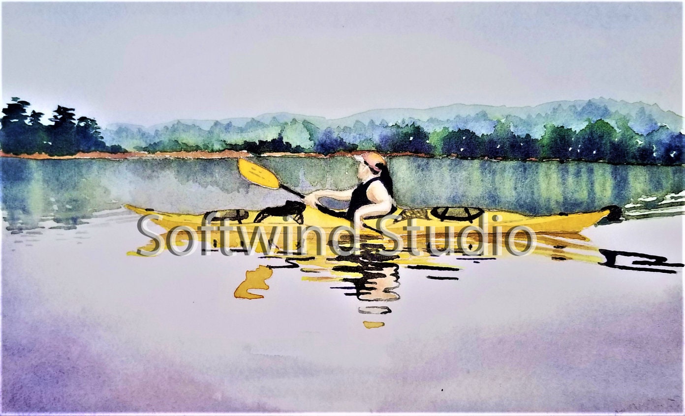Yellow Kayak Painting Watercolor Painting - Etsy