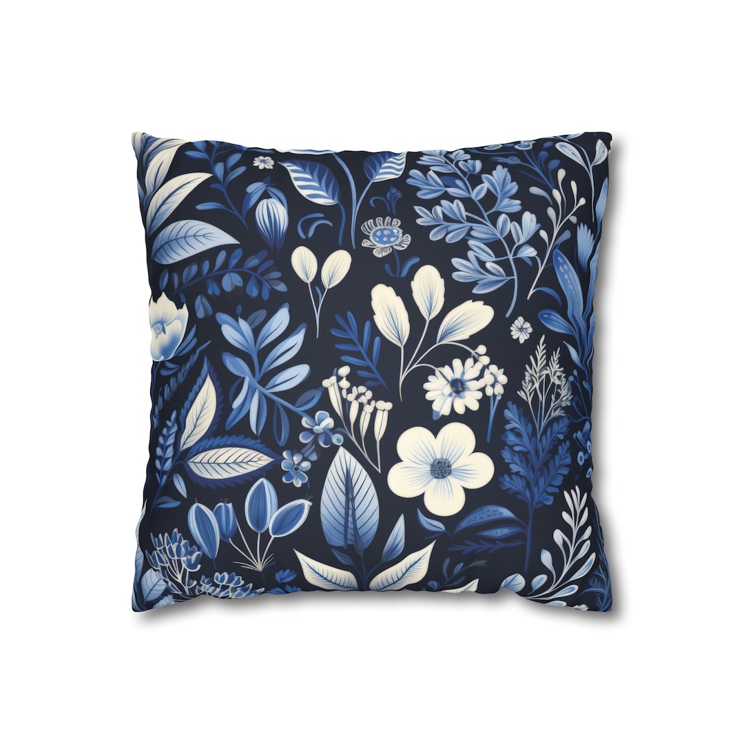 Deep Blue Botanical Faux Suede Square Pillow Case - Etsy