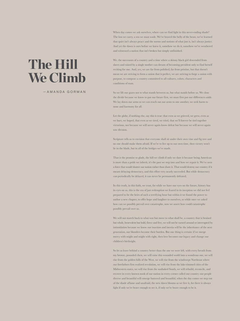 Printable Amanda Gorman the Hill We Climb Poem - Digital Download ...