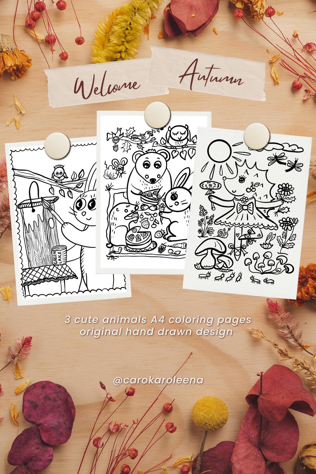 Woodland Animals Fall Coloring Pages - Bunny, Bear, Mole and Hedgehog ...