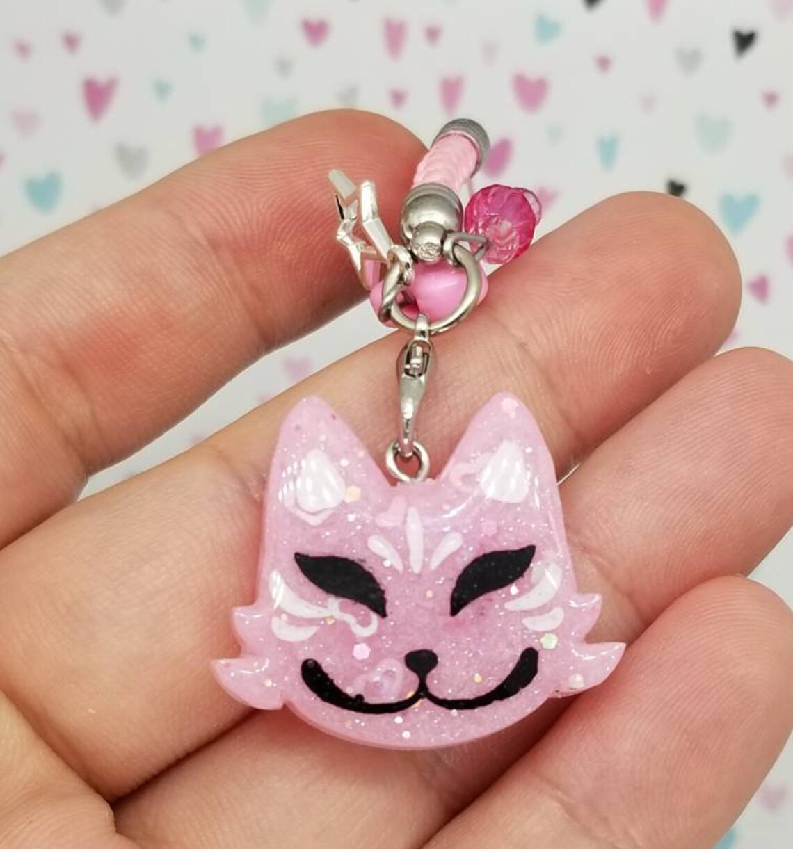 Pink Kitsune Kawaii charm handmade OOAK Resin Phonestrap | Etsy