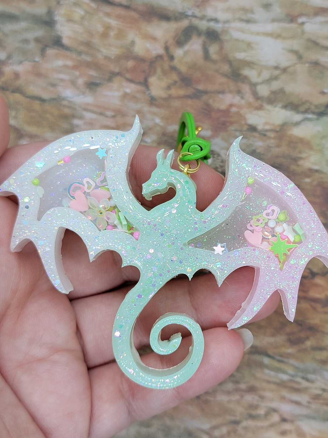 Pastle Green,pink and White Dragon ~ Handmade OOAK Resin Keychain ...