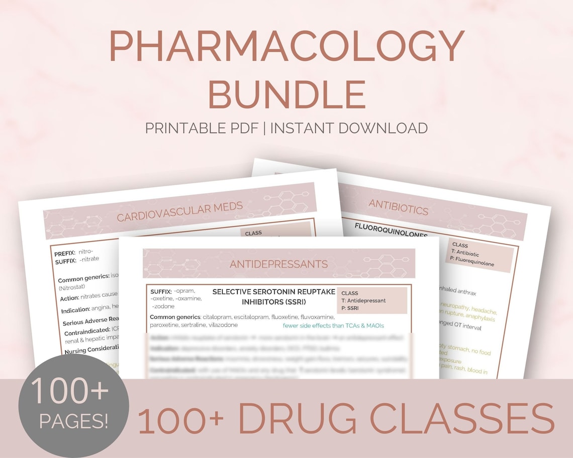 Pharmacology Bundle Nursing Study Guide 100 Classes Cardiac, Psych ...