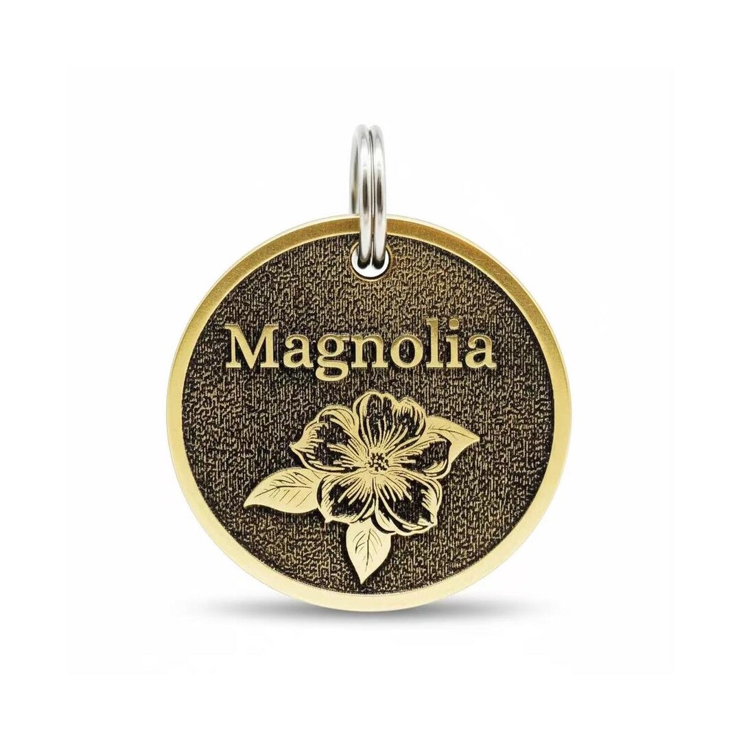 Engraved Brass Pet ID Tag, Magnolia Flower, Custom Dog Cat Collar Tag ...