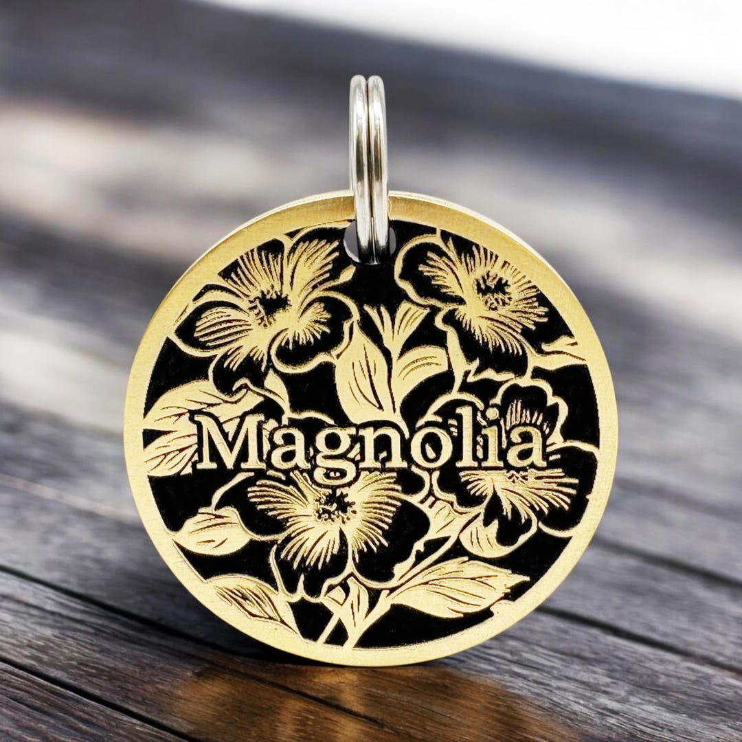 Engraved Brass Pet ID Tag, Magnolia Flower, Personalized Dog Cat Collar ...