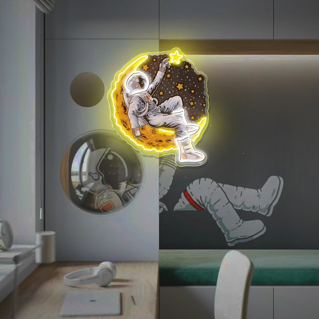 Astronaut Lying on Moon Neon Sign, UV Printing Acrylic Sign, Handmade ...
