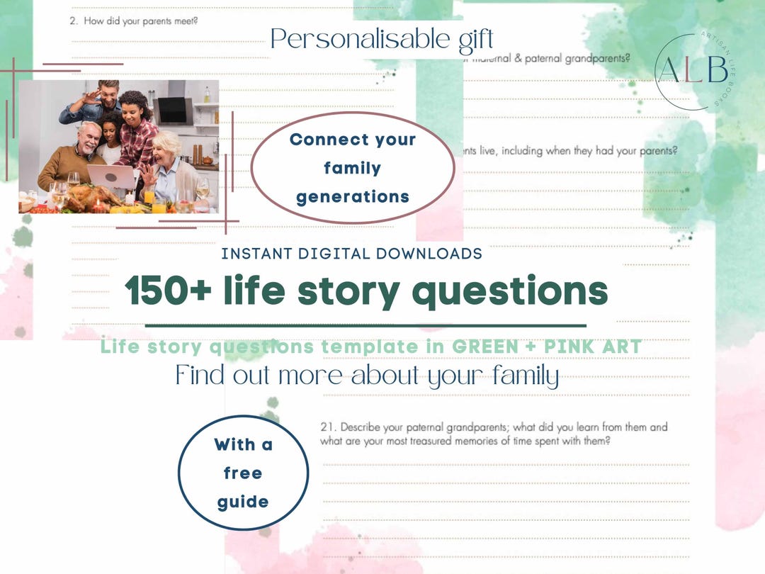 Instant Gift Download | 150+ Life Story Questions Green Pink Art Border ...