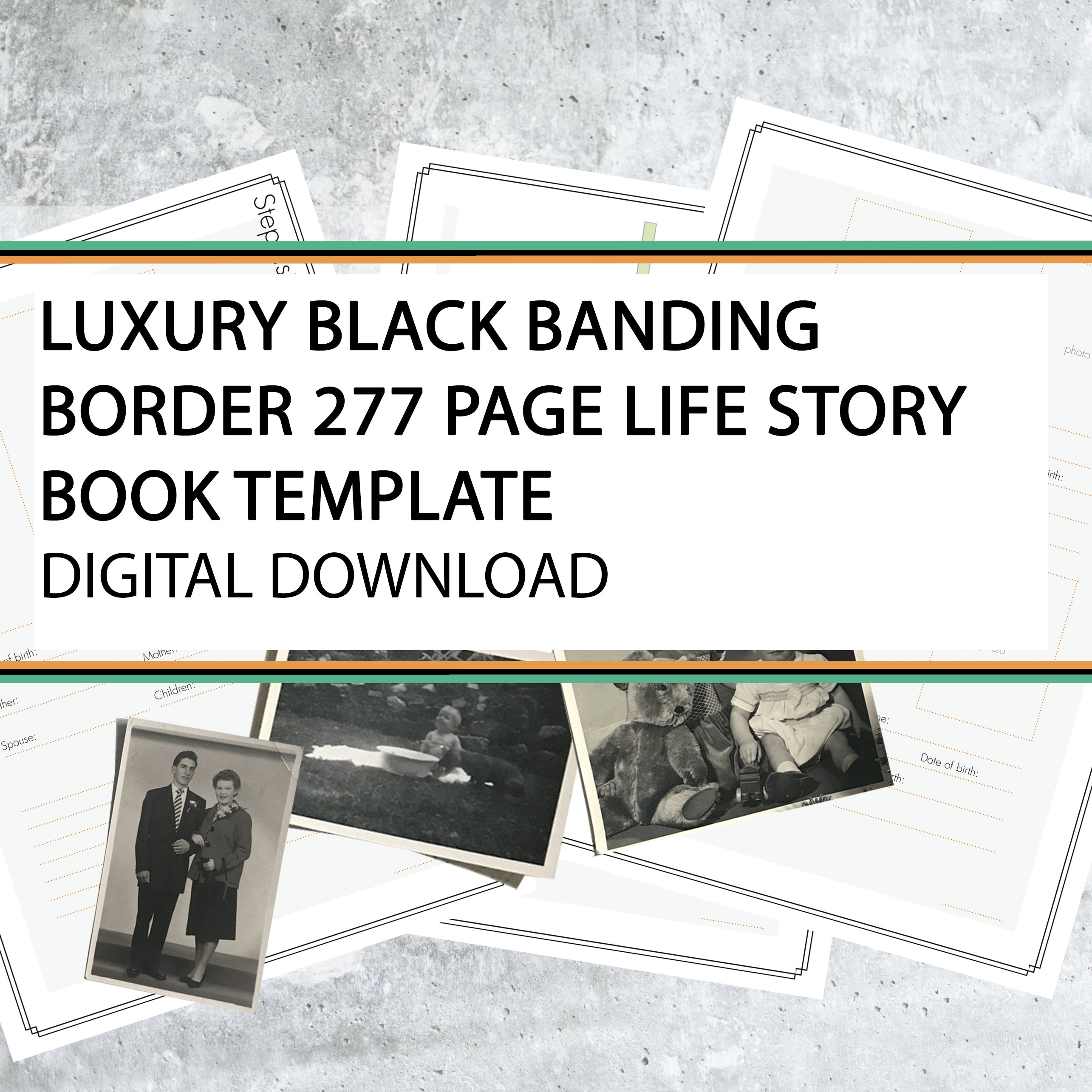 Luxury 277 Page Life Story Book Template BLACK BAND BORDER Instant ...
