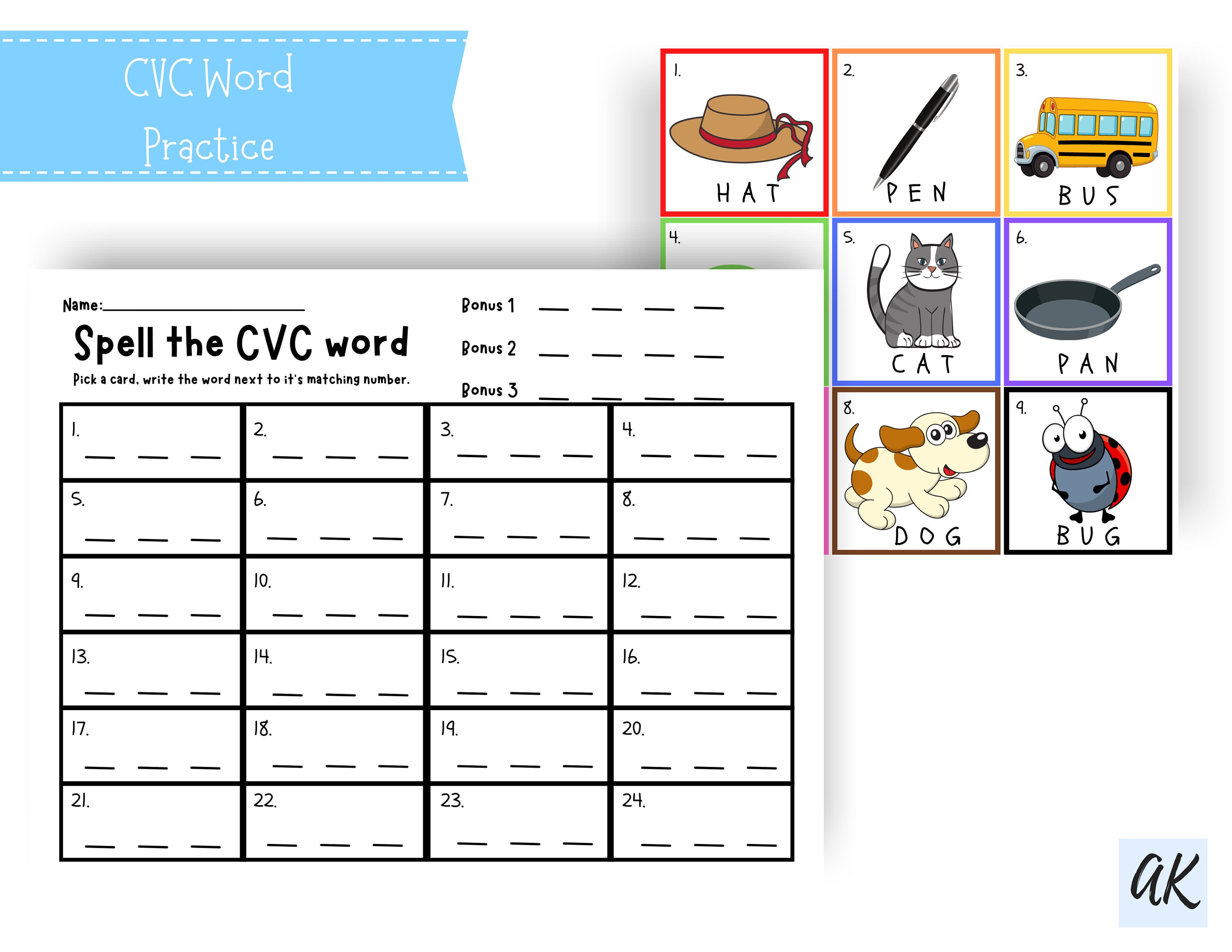 Spell the CVC Word Practice Digital Download, CVC Practice Sheets, CVC ...
