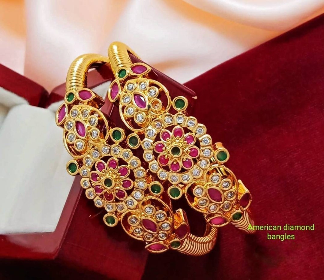 AD Gold Kada Pair/ Indian Bangles/ Antique Gold Bangles/ Indian Jewelry ...