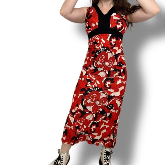 1960s Vintage Mod Long Dress Red, Black, and White Sl… - Gem