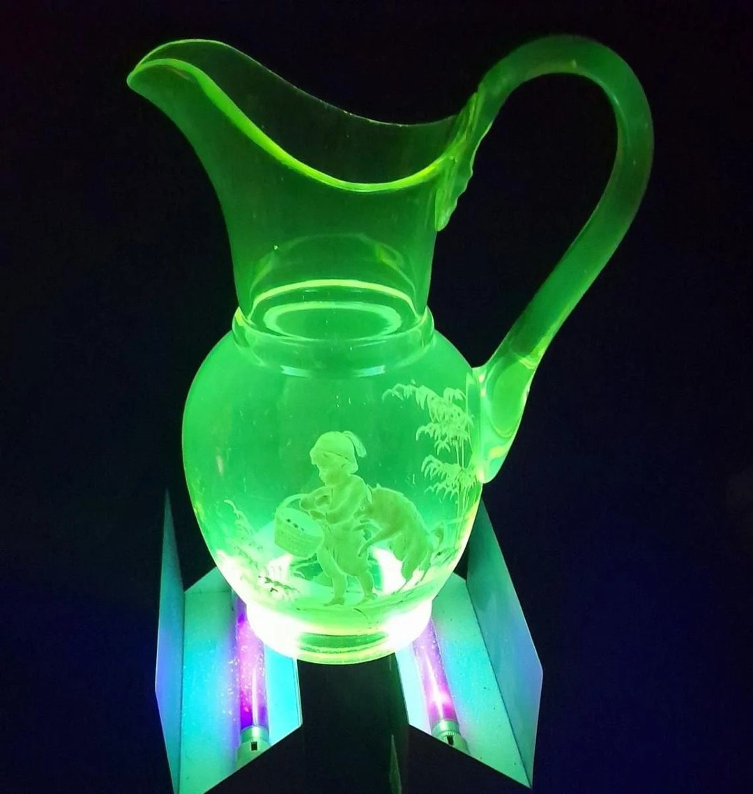 Antique Decanter 19th Century URANIUM GLASS Hand Painted Motive Fairy ...