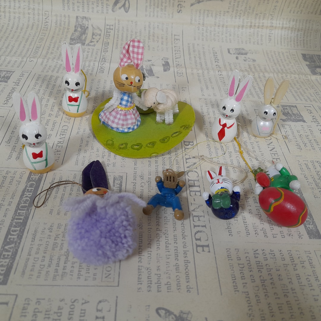 Vintage Easter Rabbit Set Wooden Decoration Erzgebirge, Set of Bunnies ...