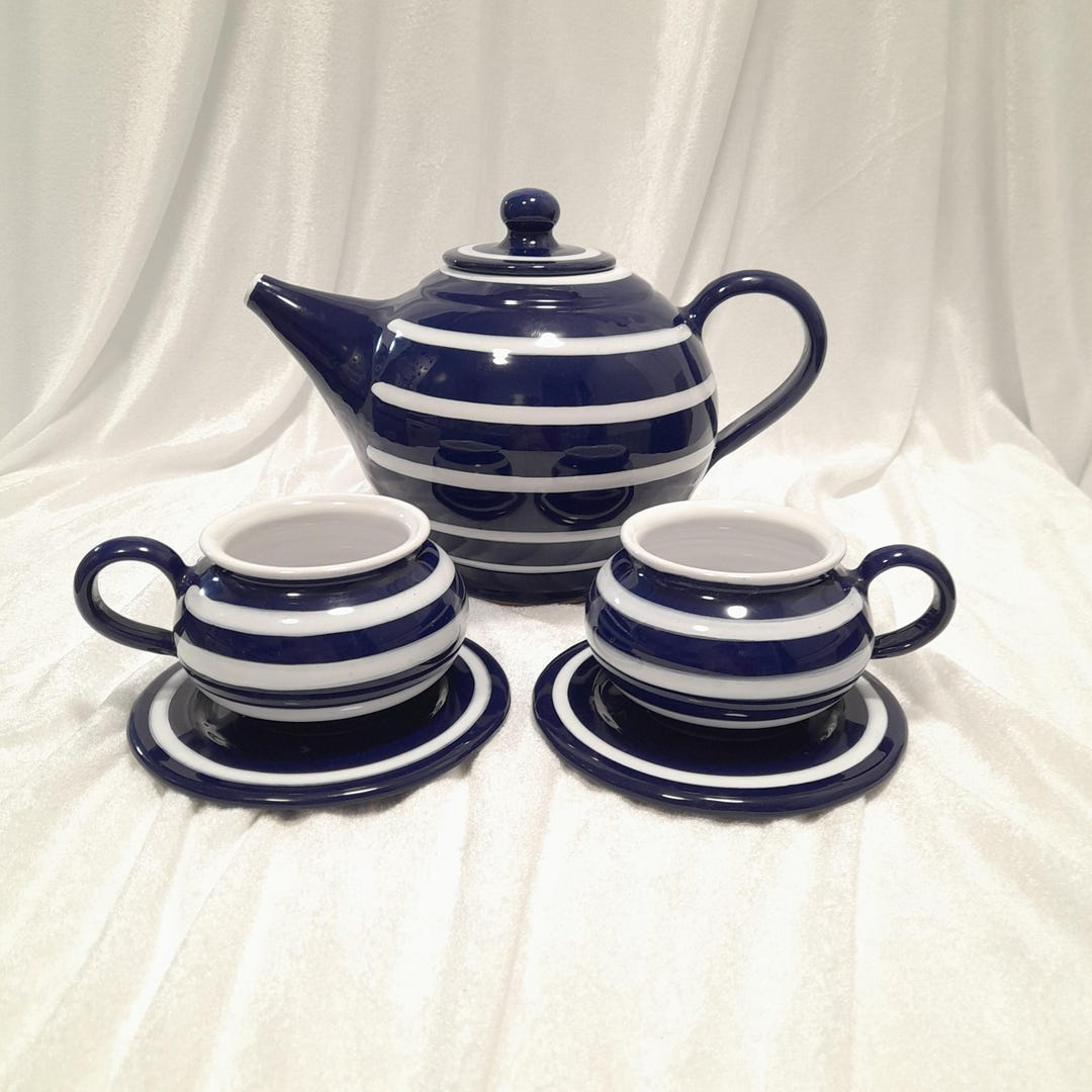 Vintage Pelikan Dark Blue Tea Set White Striped Czech Ceramic Teapot ...