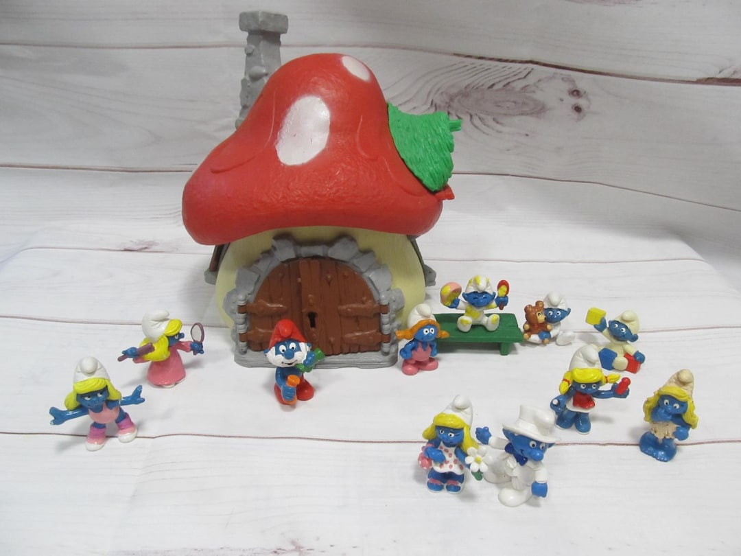 Vintage Schleich Smurfs Cottage House, Smurfland Mushroom House With 11 ...