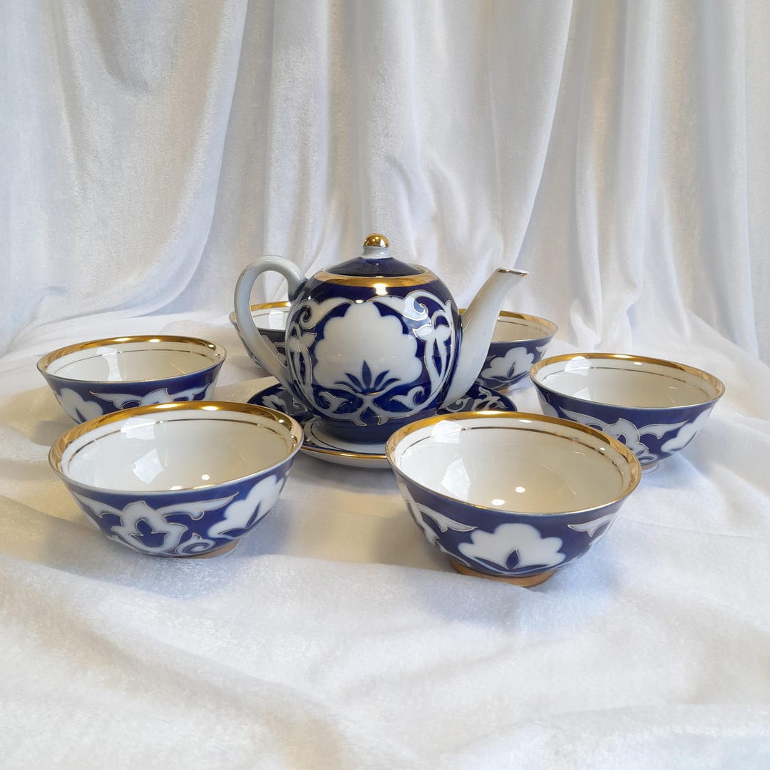 Vintage Uzbek Tashkent Porcelain Tea Set Kettle, Tea Bowls, Dessert ...