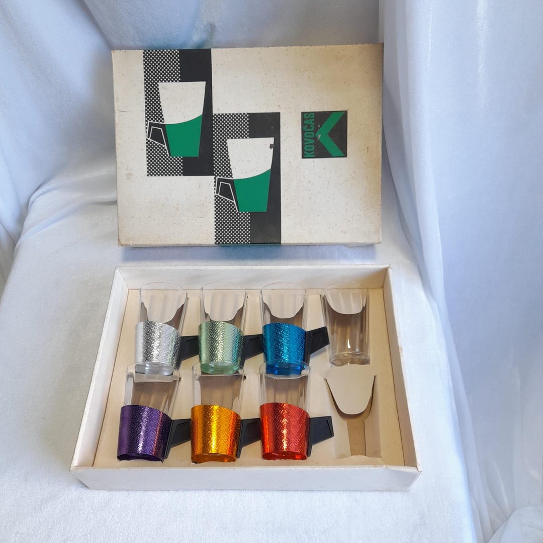 Vintage Kovocas Glass Set – 7 Czech Glasses With Colorful Metal Holders ...