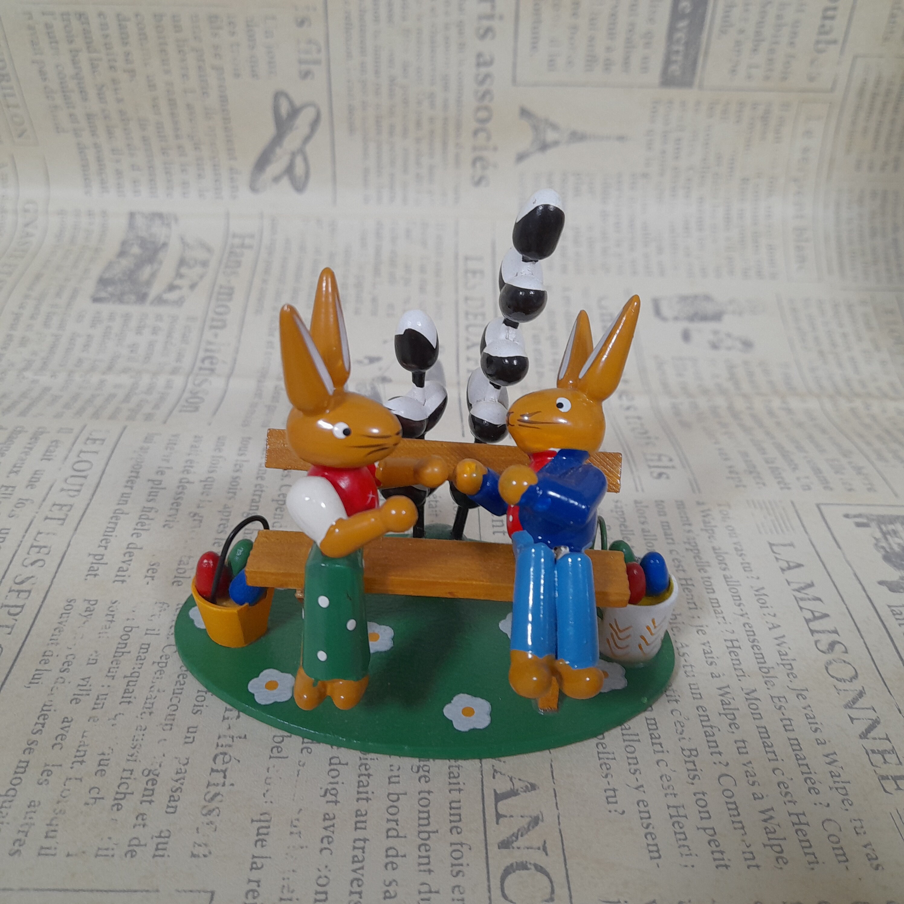 Vintage Bunnies Wooden Decoration Erzgebirge, Scene of 2 Easter Bunnies ...