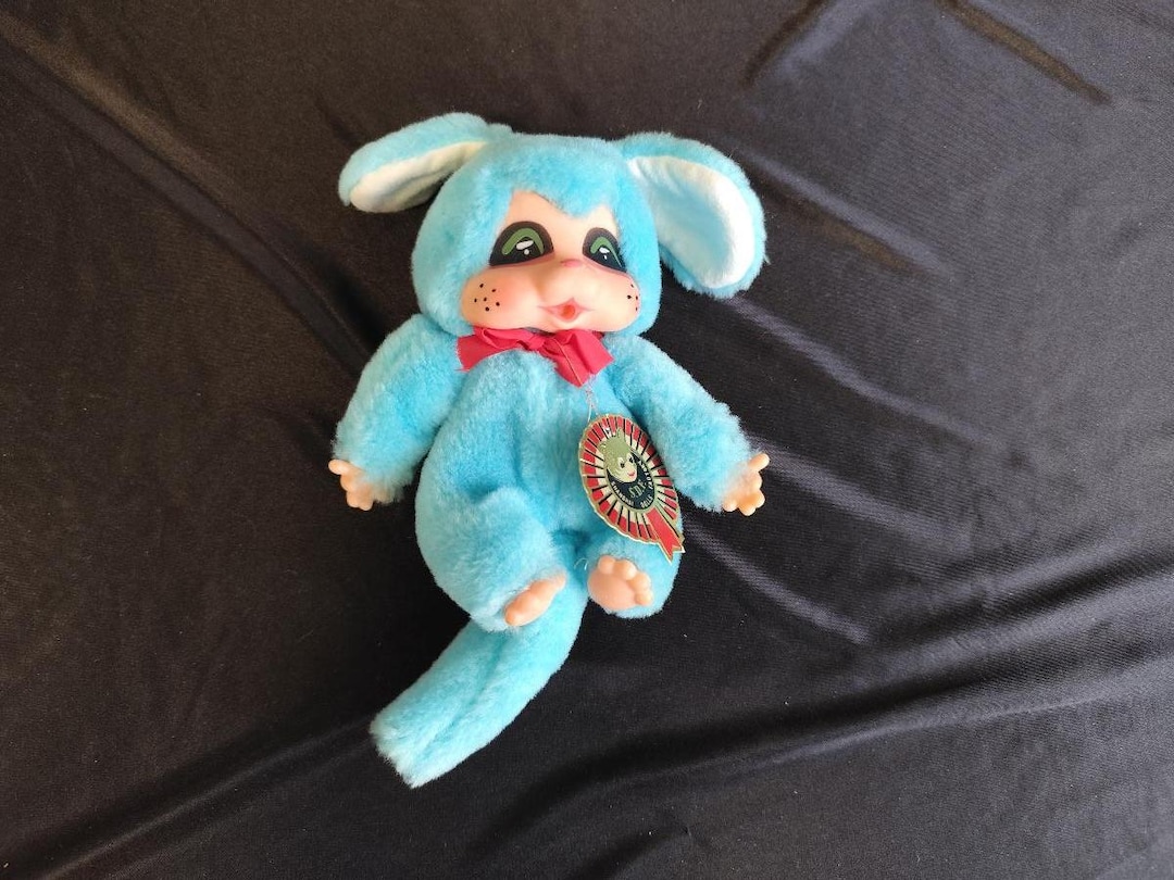 Vintage Blue Monchhichi Rabbit, Raccoon Doll, Blue Monchichi Hase ...