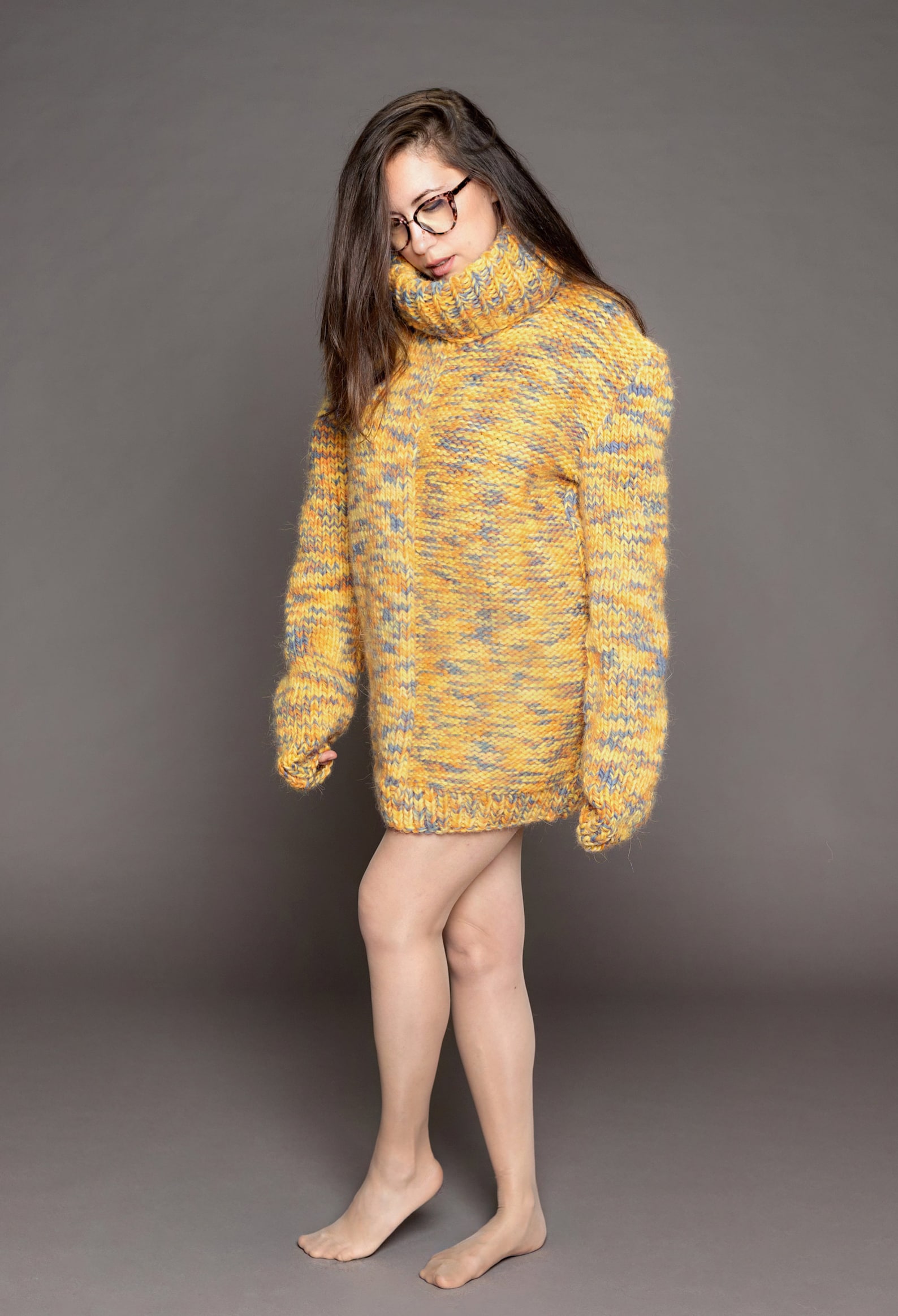 Super Multicoloured Jumper, Hand Knit Huge Turtleneck Sweater, Sexy ...