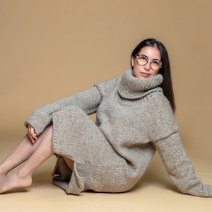 Beige Hand Knitted Wool Dress, Elegant Wool Turtleneck, Wool Tunic ...