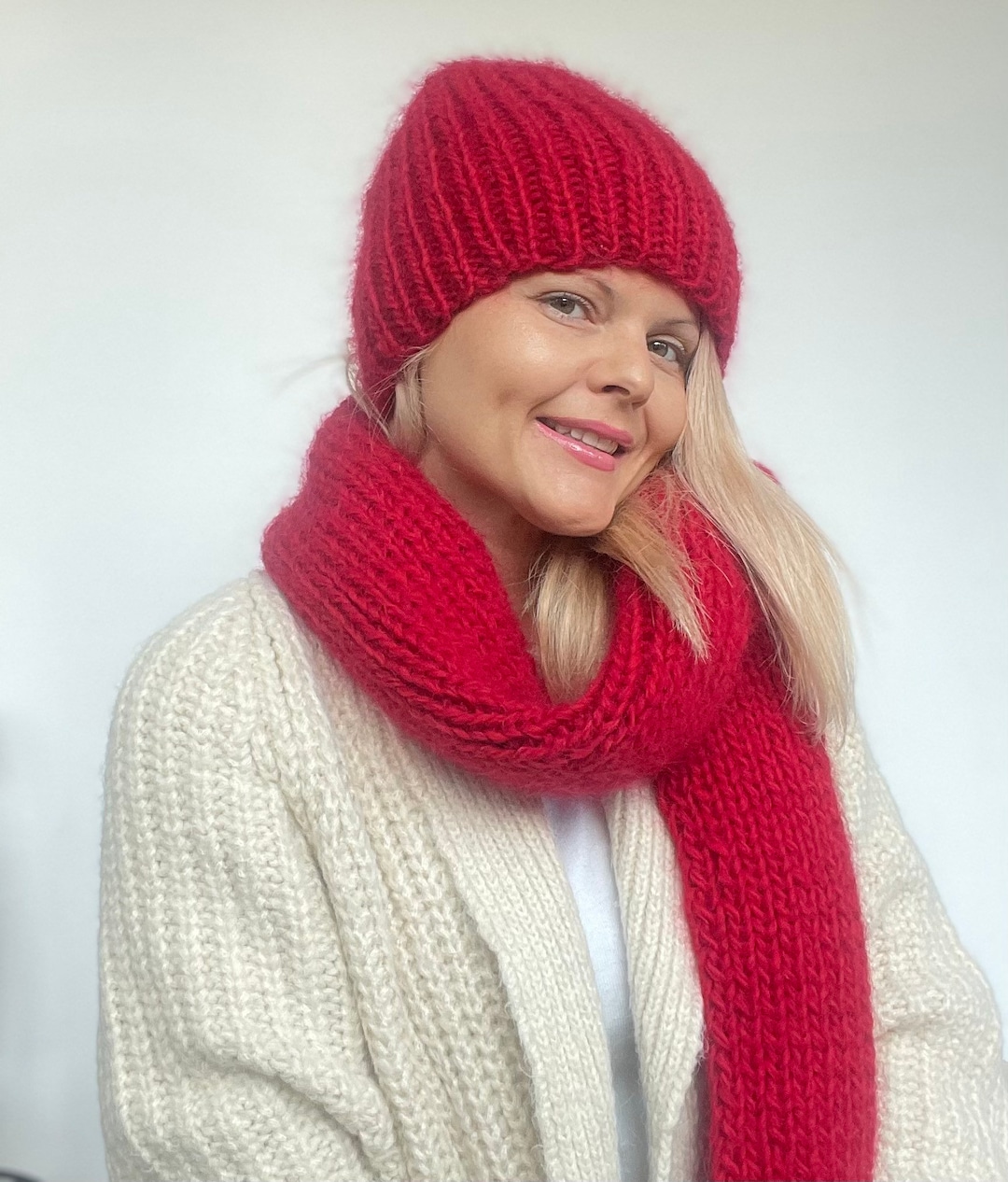 Hand Knit Wool and Mohair Scarf, Beanie Hat, Winter Scarf, Pure Wool ...