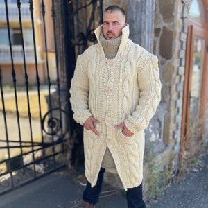 Chunky Wool Men’s Cardigan, Men’s Wool Coat, Hand Knitted Cable ...