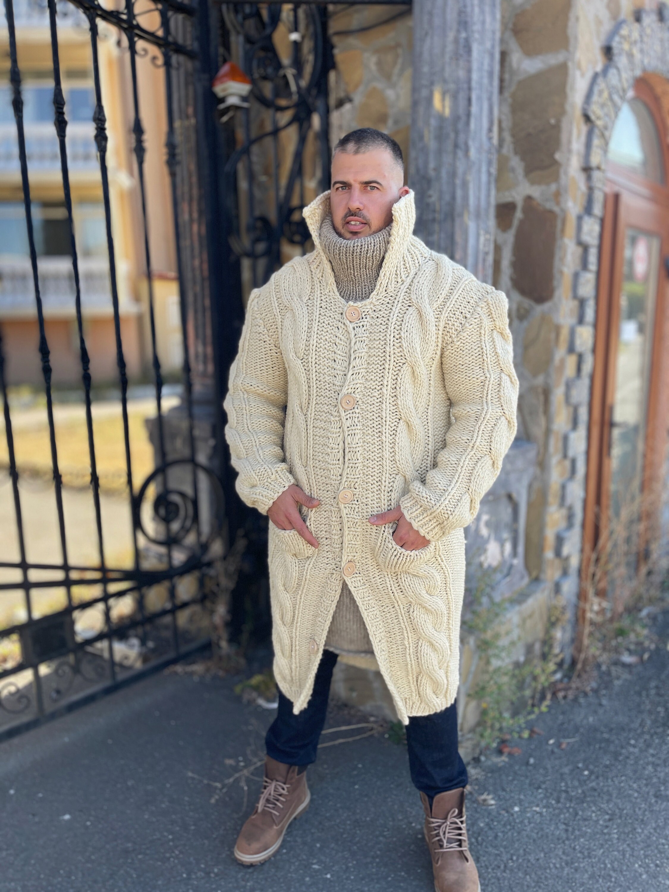 Chunky Wool Men’s Cardigan, Men’s Wool Coat, Hand Knitted Cable ...