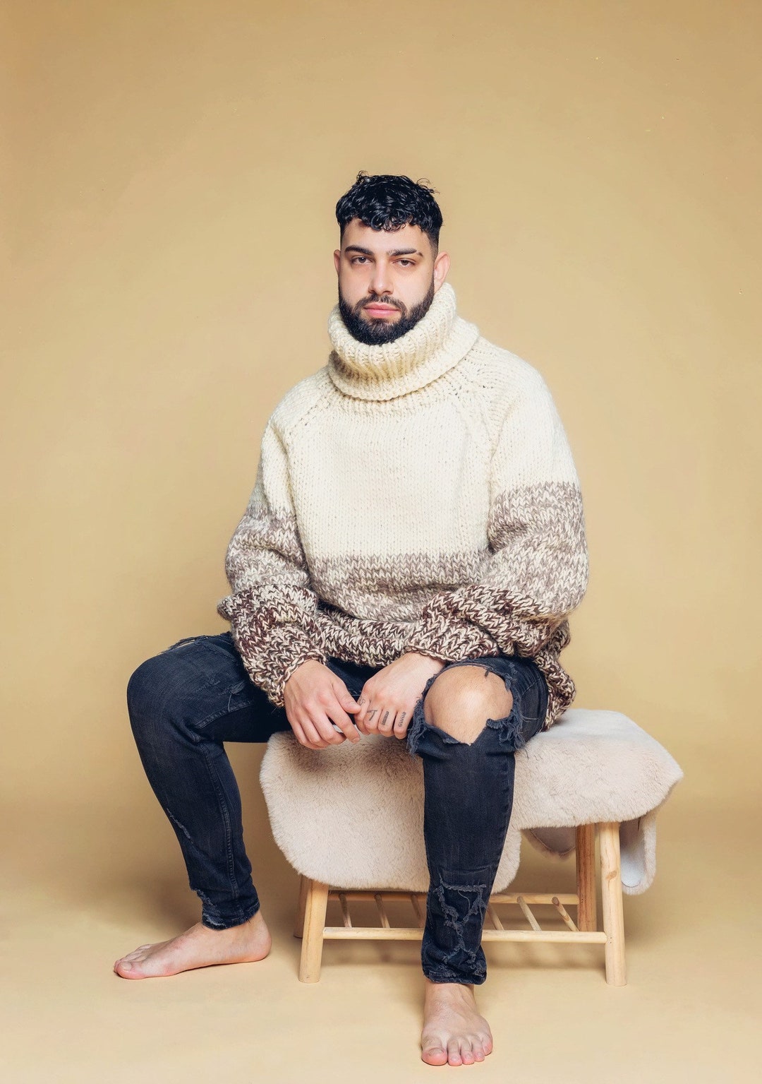Hand Knitted Colourful Men Sweater, 3 Colours Melange Pullover, Thick ...