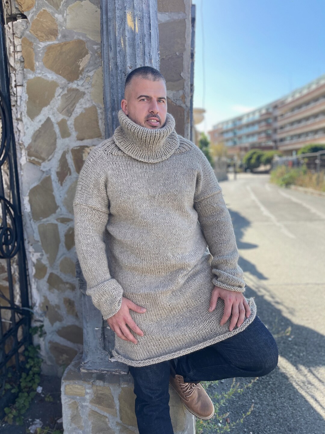 Beige Hand Knitted Wool Sweater for Men, Elegant Wool Turtleneck, Wool ...