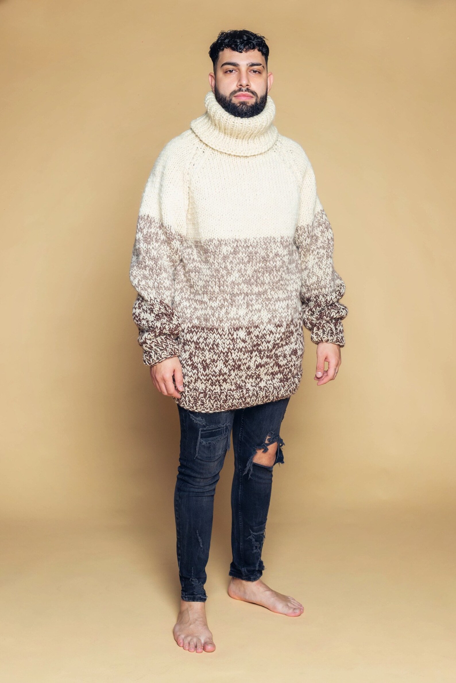 Hand Knitted Colourful Men Sweater, 3 Colours Melange Pullover, Thick ...