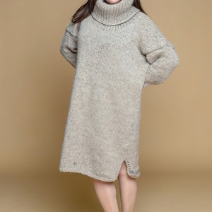 Beige Hand Knitted Wool Dress, Elegant Wool Turtleneck, Wool Tunic ...