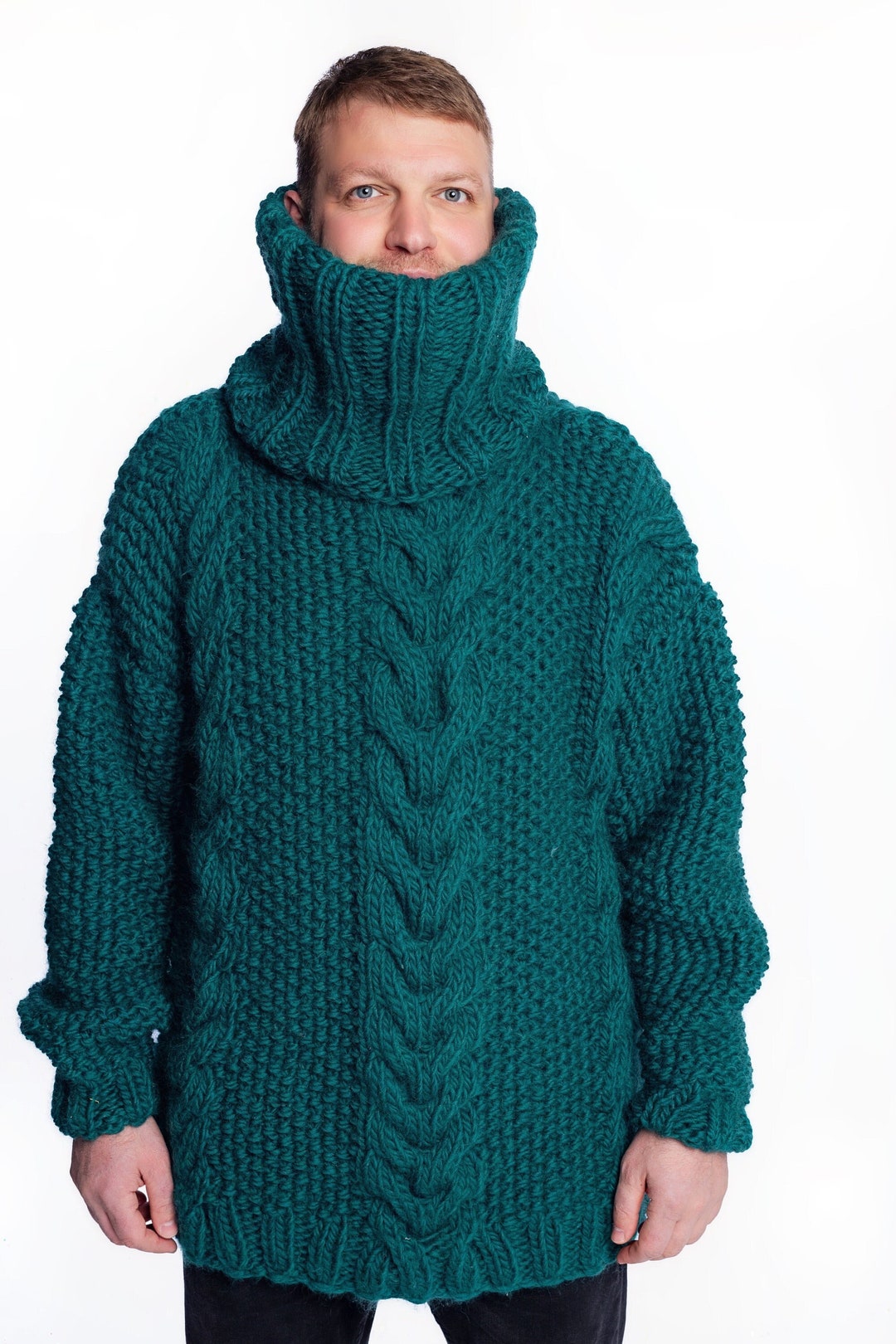 New Long Turtleneck Sweater, Hand Knitted Wool Green Pullover for Men ...