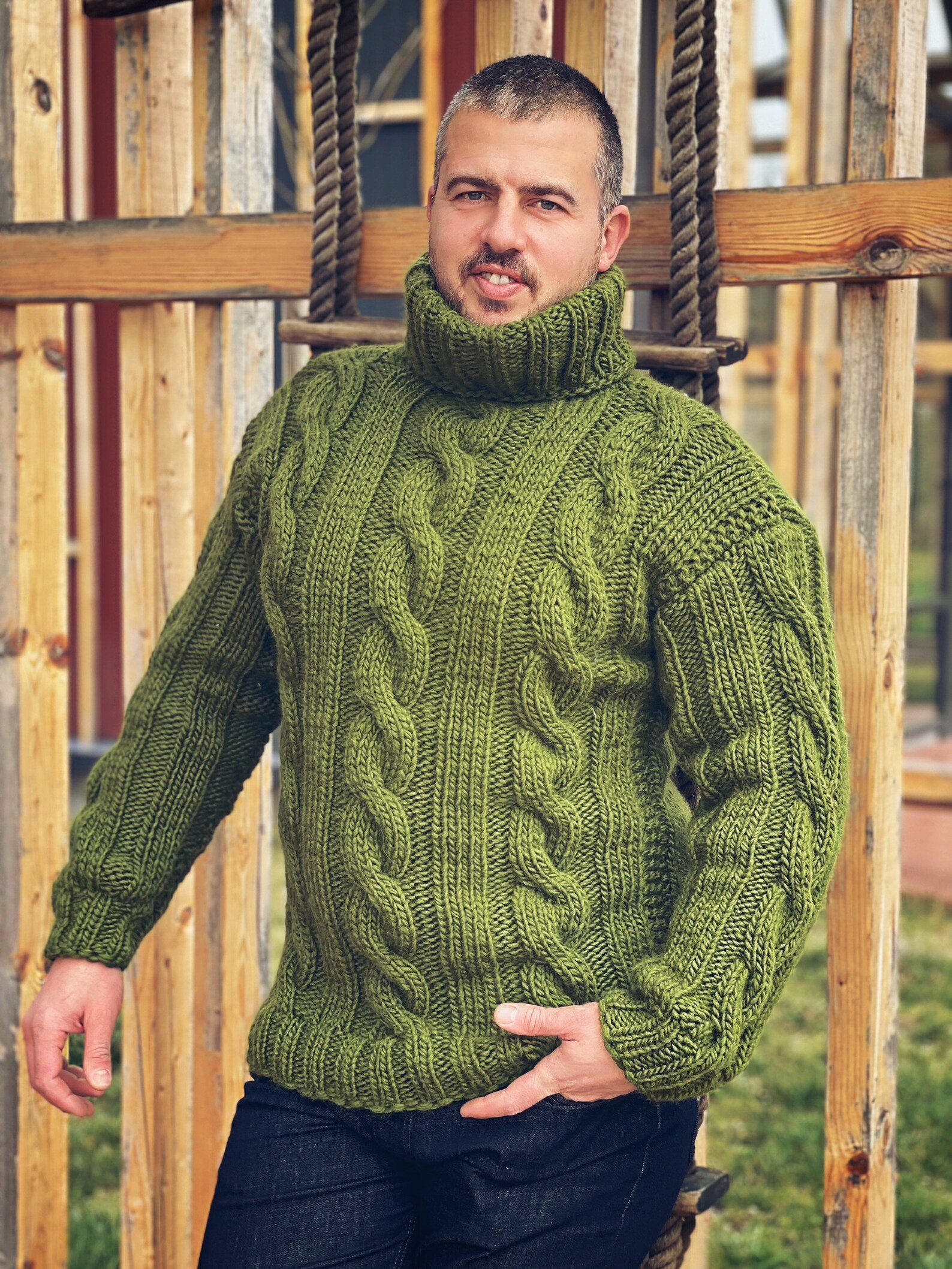 Green Cable Knit Jumper, Olive Colour Jumper, Custom Designed Sweater ...