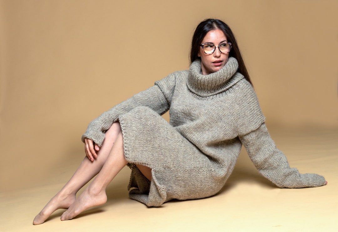 Beige Hand Knitted Wool Dress, Elegant Wool Turtleneck, Wool Tunic ...