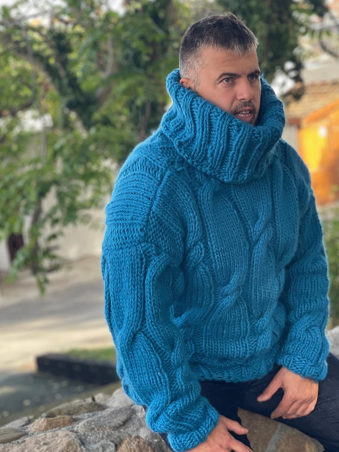 Hand Knit Super Thick Chunky Sweater With Big Turtleneck Collar, Giant ... Hand Knit Super Thick Chunky Sweater With Big Turtleneck Collar, Giant ...