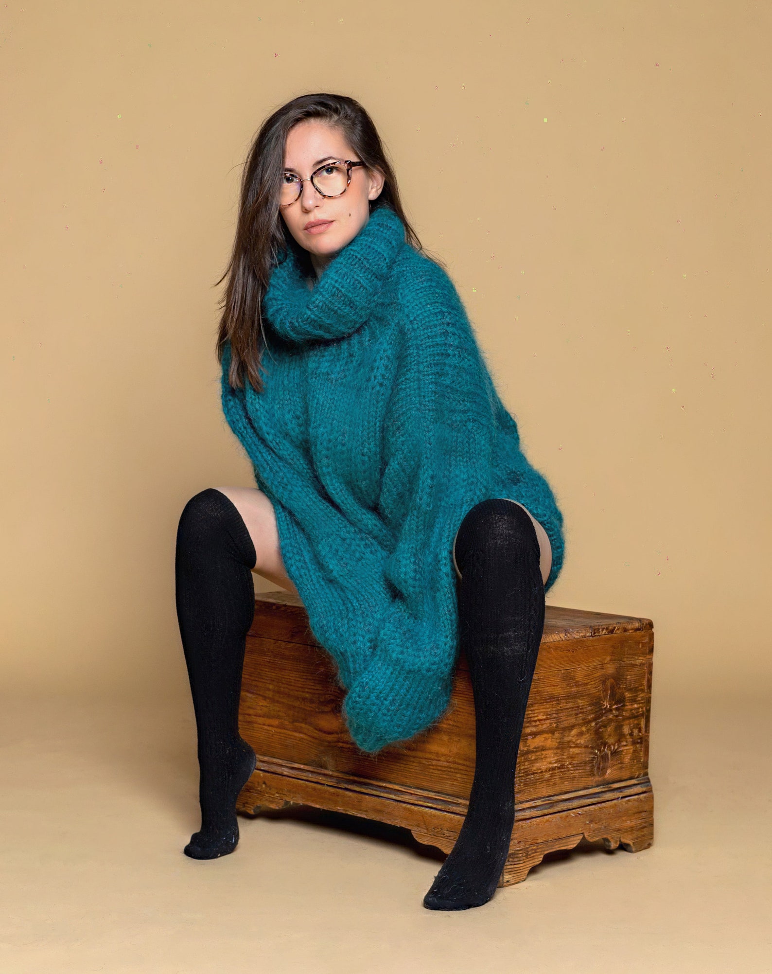 Green Fuzzy Mohair Sweater, Oversized Clothing for Sexy Women, Special ...
