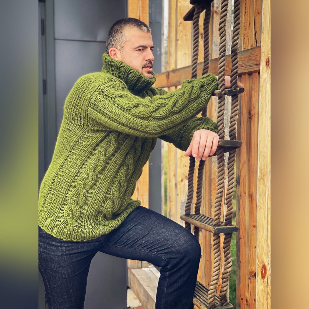 Green Cable Knit Jumper, Olive Colour Jumper, Custom Designed Sweater ...