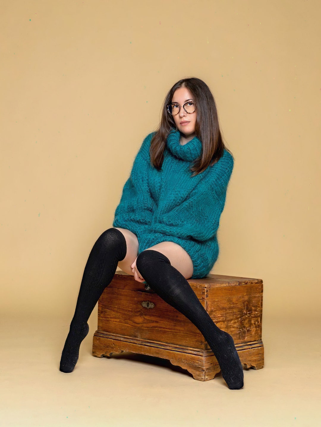 Green Fuzzy Mohair Sweater, Oversized Clothing for Sexy Women, Special ...