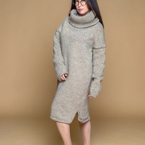 Beige Hand Knitted Wool Dress, Elegant Wool Turtleneck, Wool Tunic ...