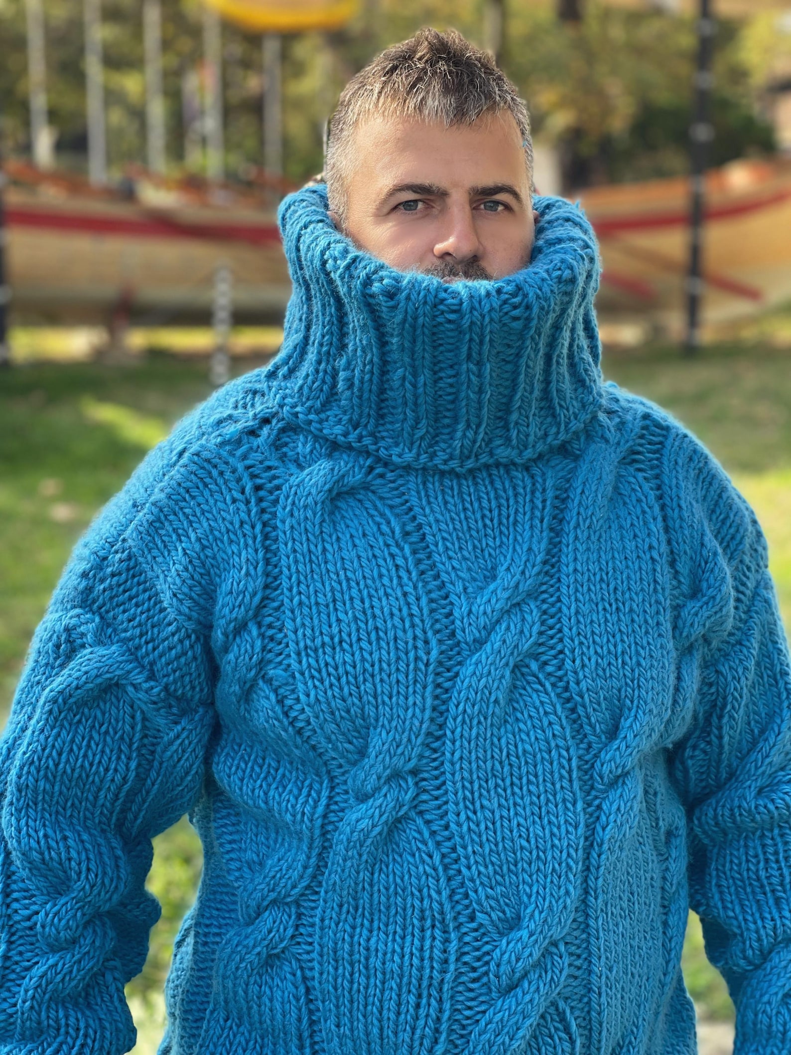 Hand Knit Super Thick Chunky Sweater With Big Turtleneck Collar, Giant ...