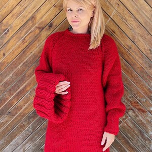 Red Women Jumper, Pure Wool Sweater, Turtleneck Collar Sweater, Warm ...