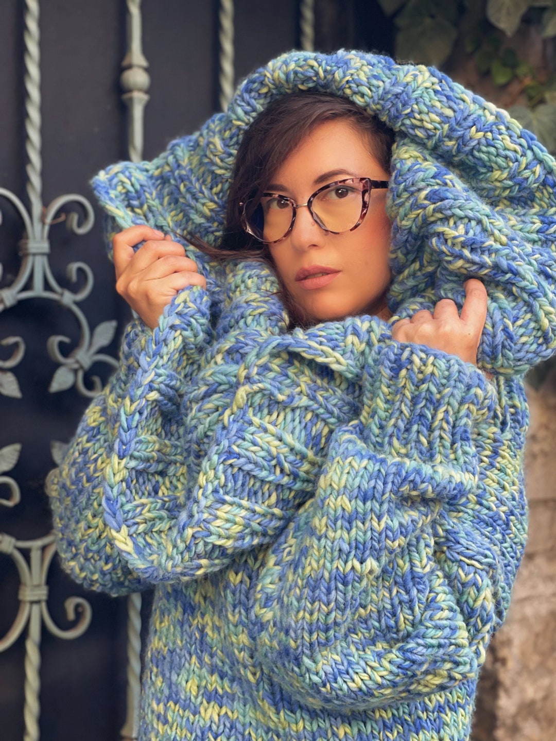 Hand Knitted Vintage Wool Tunic With Long Turtleneck, Shoulder Warmer ...