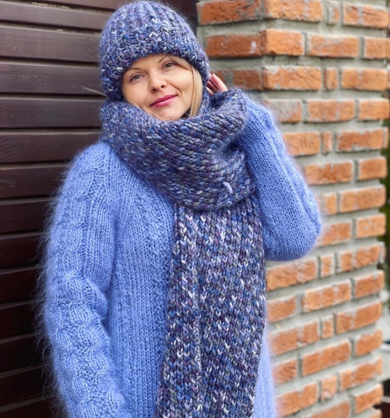 Hand Knit Wool and Mohair Scarf, Beanie Hat, Winter Scarf, Pure Wool ...