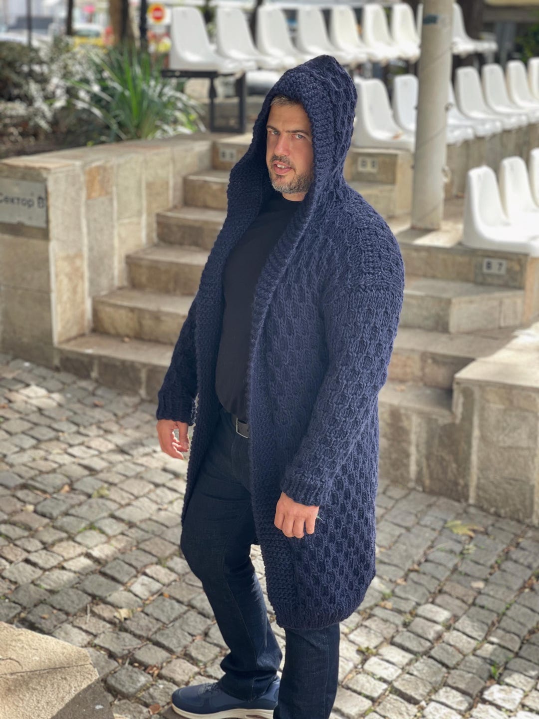 Hand Knit Thick Wool Cardigan With Hoodie for Men, Warm and Cosy ...