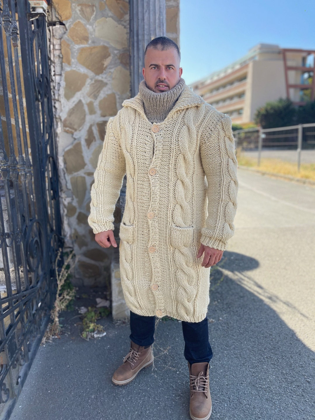Chunky Wool Men’s Cardigan, Men’s Wool Coat, Hand Knitted Cable ...