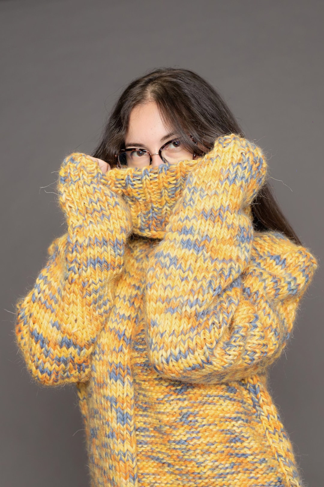 Super Multicoloured Jumper, Hand Knit Huge Turtleneck Sweater, Sexy ...