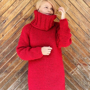 Red Women Jumper, Pure Wool Sweater, Turtleneck Collar Sweater, Warm ...