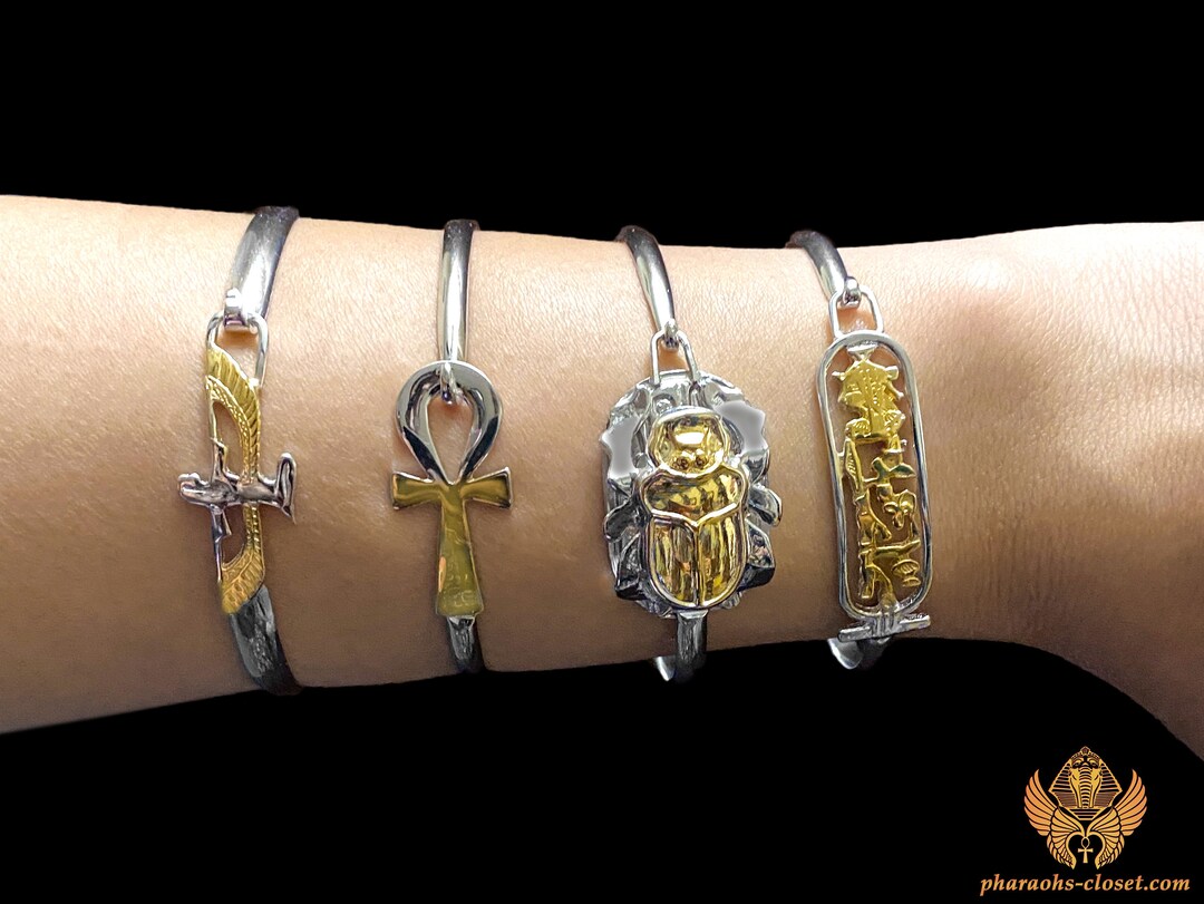 Lavish Gold Coated Sterling Silver Egyptian Bracelets of Isis N Ankh N ...